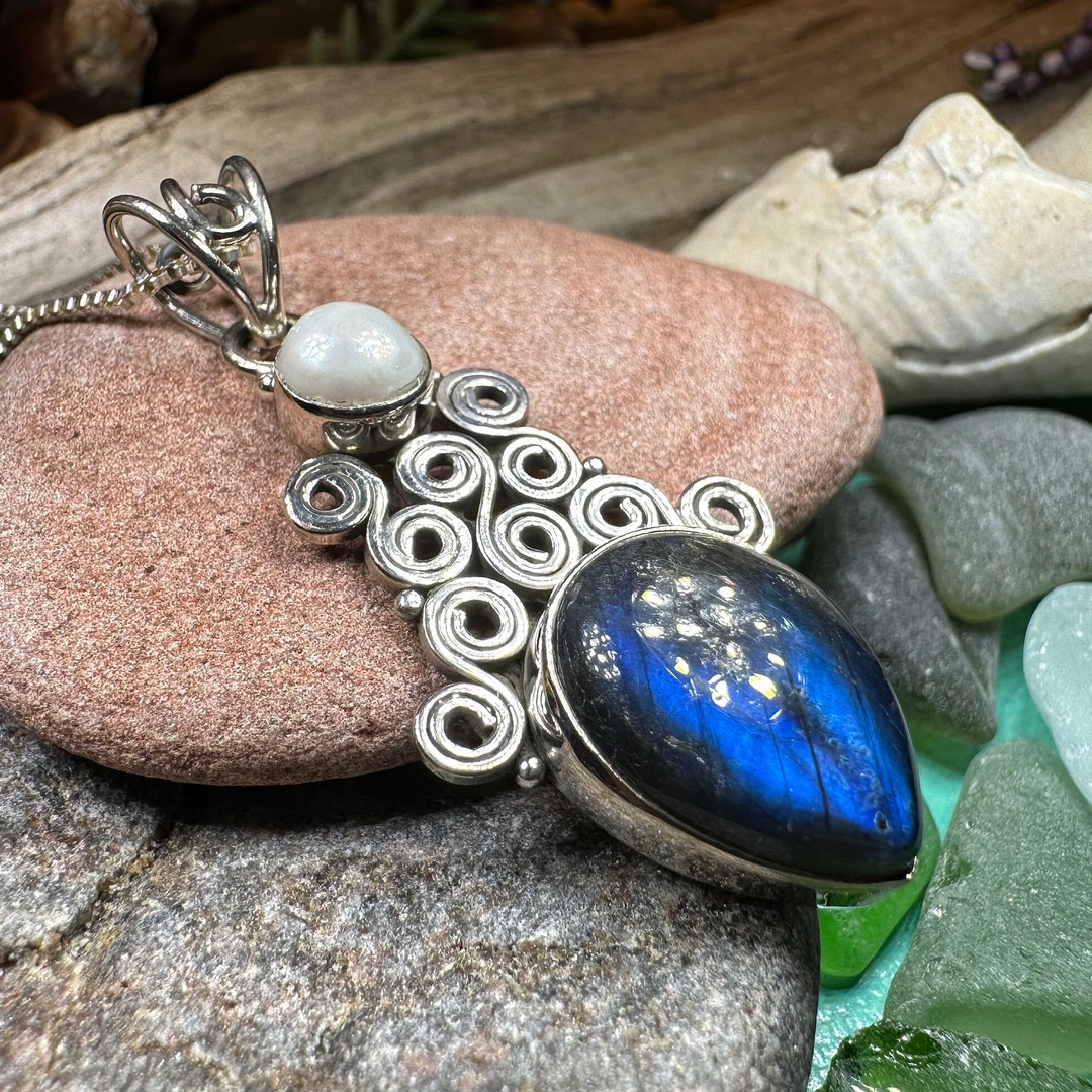 Blue Labradorite Necklace, Gemstone Pendant, Celtic Spiral Jewelry ...