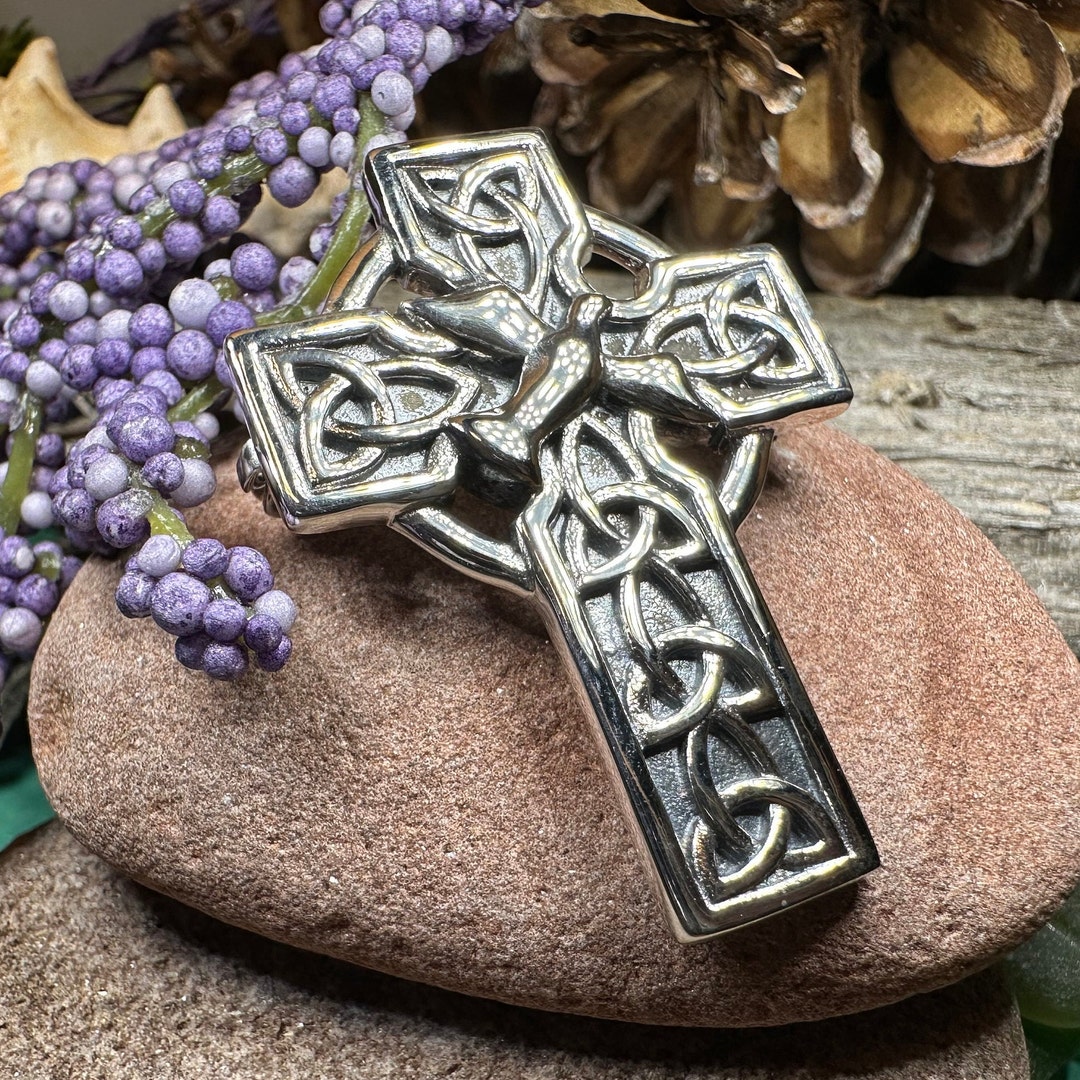 Celtic Cross Brooch, Silver Cross Pin, Scottish Jewelry, Dove of Peace ...