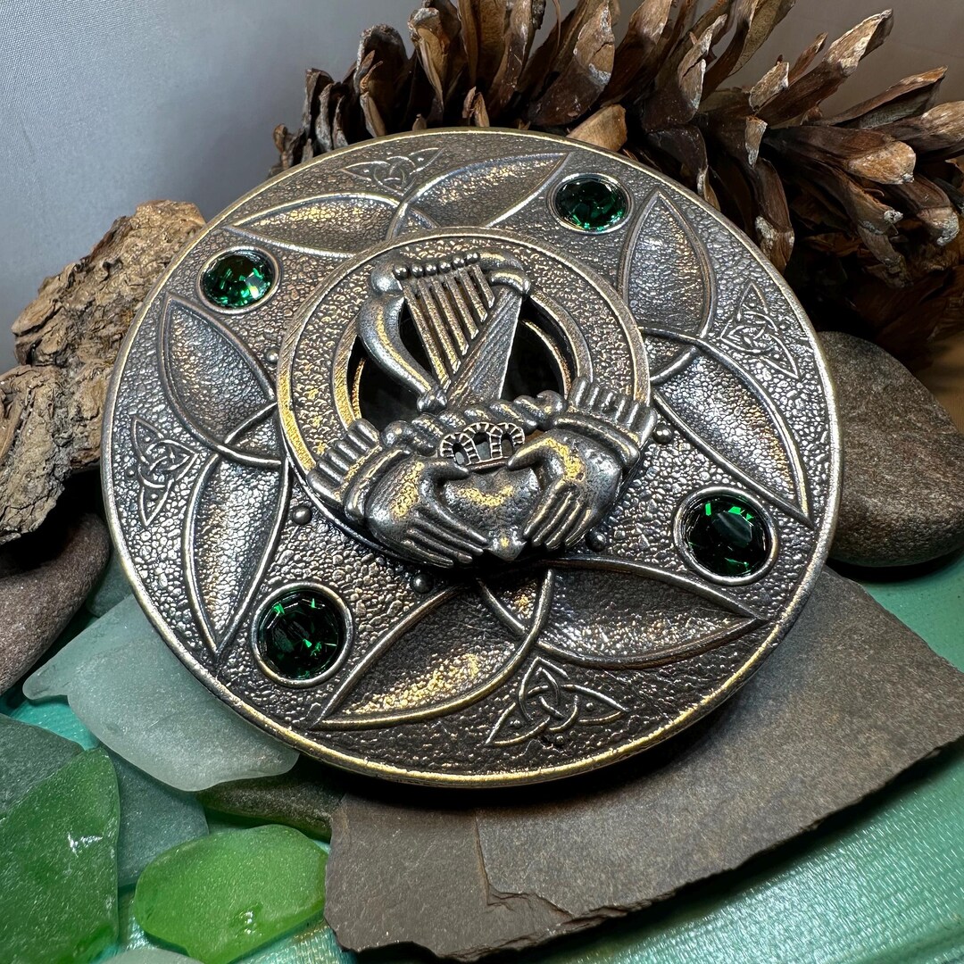 Claddagh Brooch, Celtic Harp Jewelry, Large Irish Pin, Shamrock Brooch ...