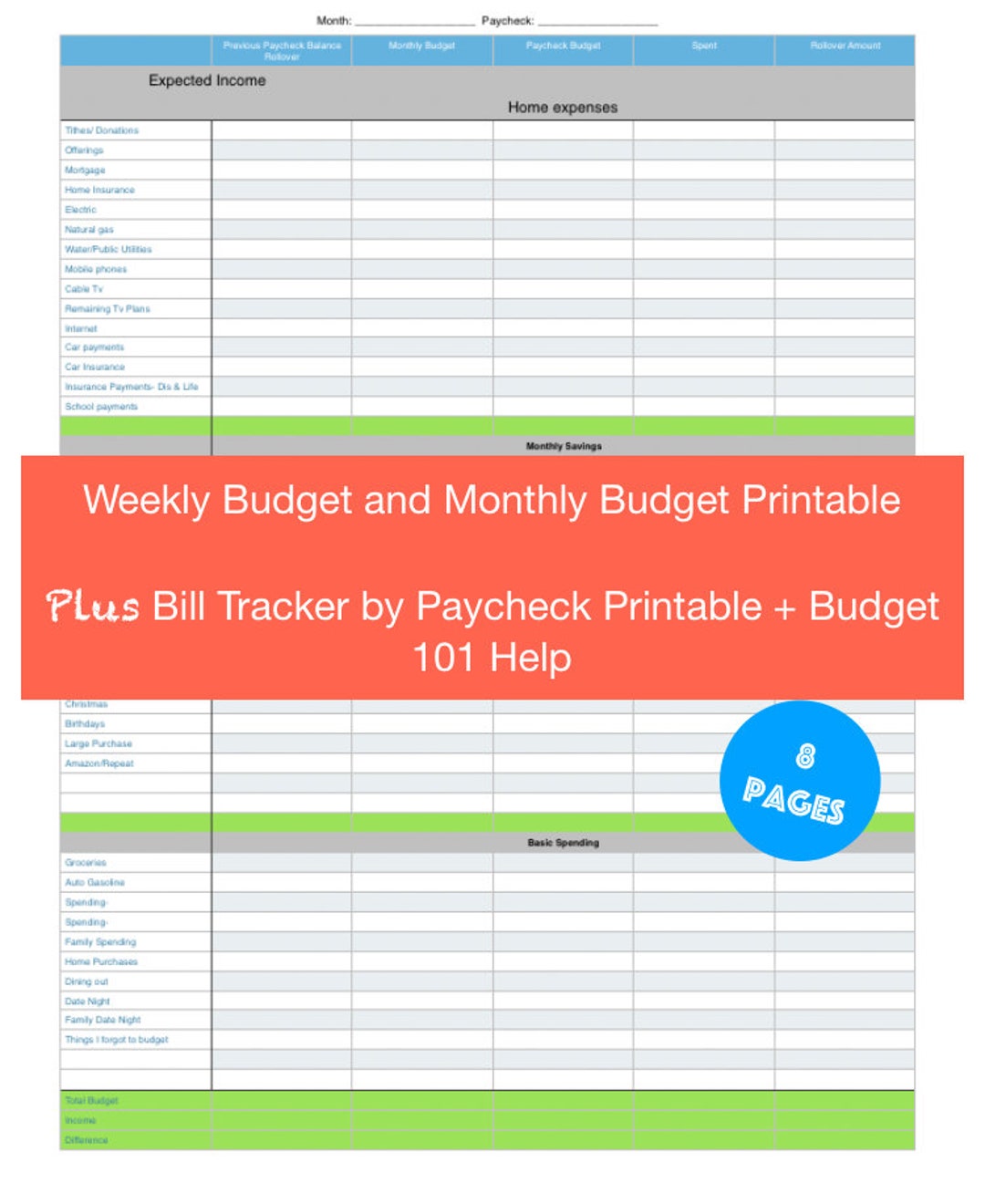 Weekly and Monthly Budget Printout/ Budgeting/ Budget Planner/ Expense ...