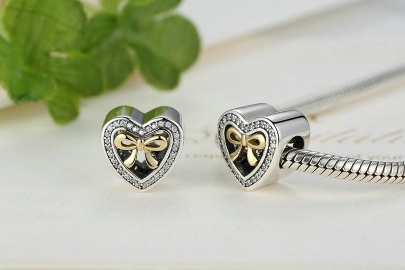 Sterling Silver Crystal Bow Charm Heart Charm Bow Pendant | Etsy