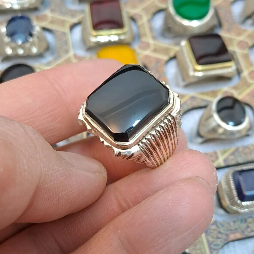 Square Cut Black Yemeni Aqeeq Akik Haqeeq Stone Sterling Silver 925 ...