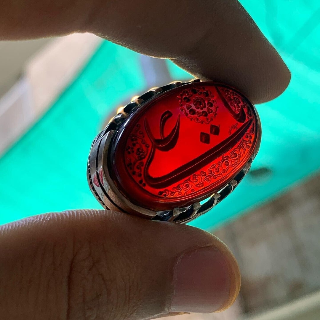 YA Ali Engraved on Natural Yemeni Aqeeq Haqeeq Stone Ring Blood Red ...