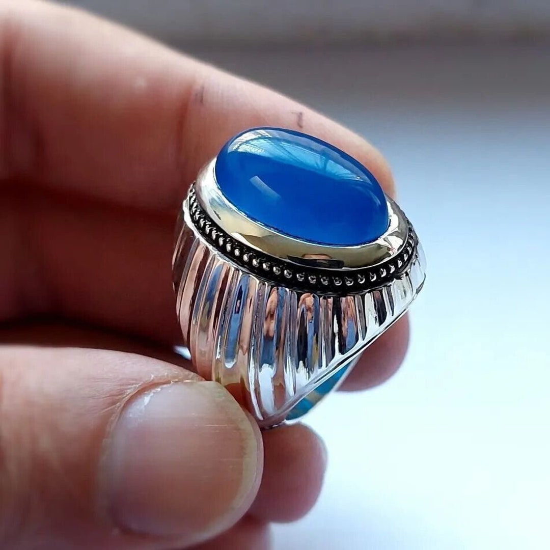 Blue Yemeni Aqeeq Akik Silver Ring Natural Blue Yamani Haqeeq Ring Men ...