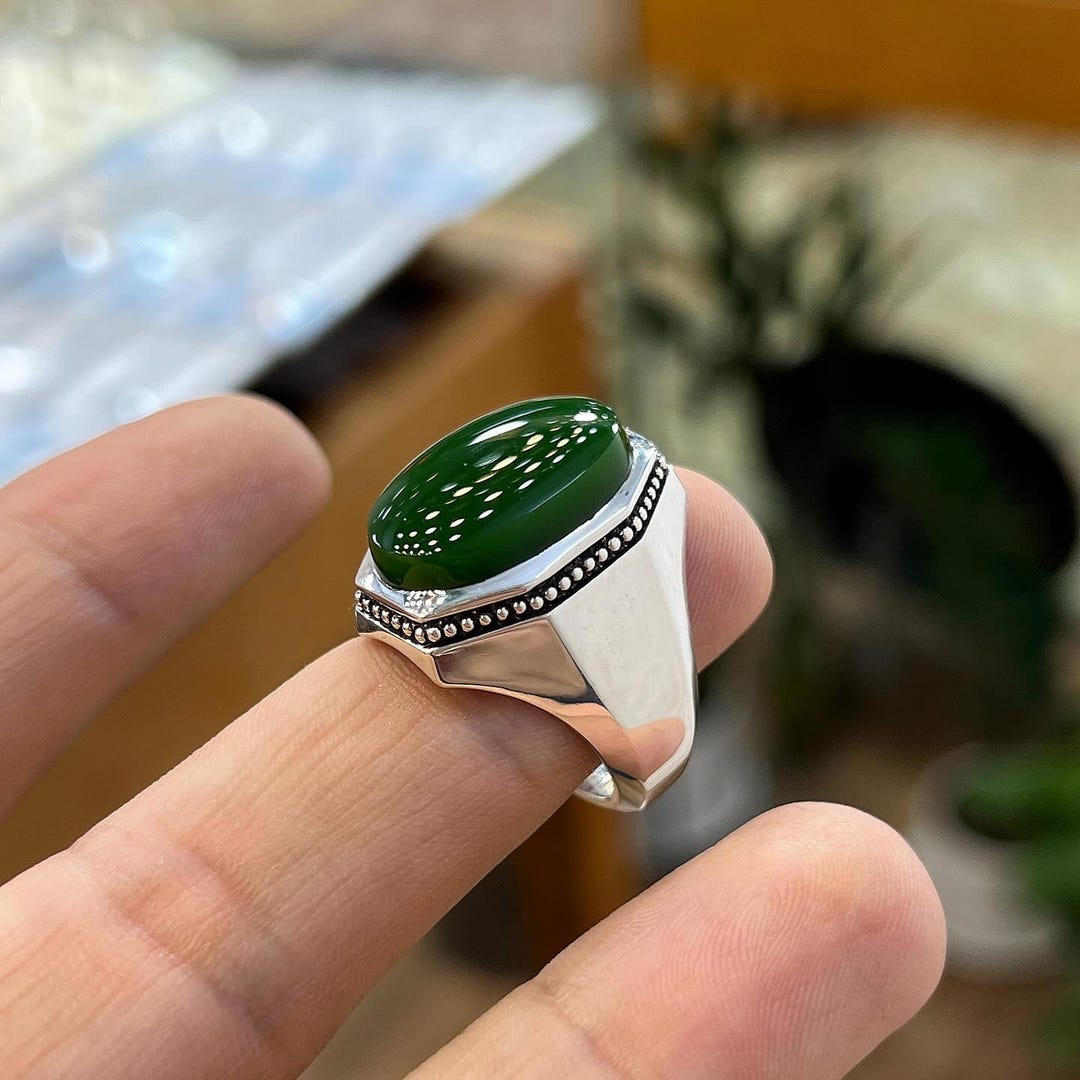 Natural Green Aqeeq Yemeni Stone Sterling Silver Ring Original Green ...