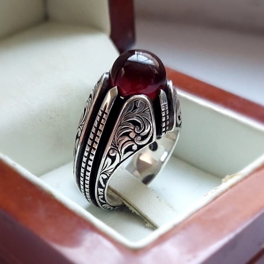Natural Hashbi Kabadi Yemeni Aqeeq Blood Red Sterling Silver 925 Ring ...
