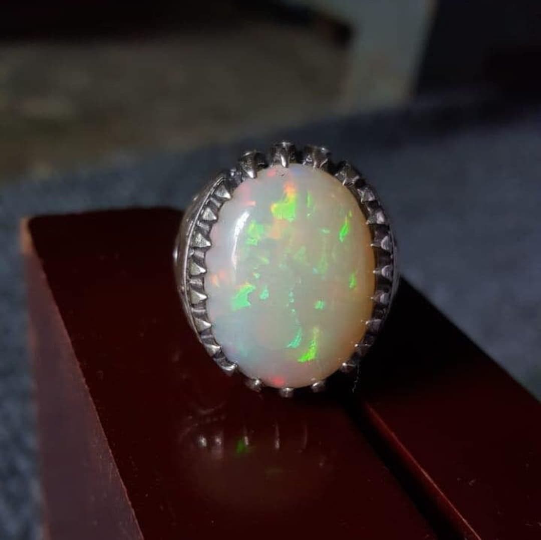 Ethiopian Fire White Opal Stone Sterling Silver Ring Real Opal Fire Ring Natural Opal Fine ...