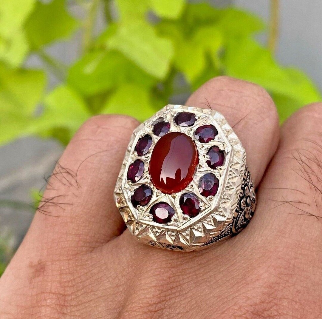 Original Yemeni Aqeeq Agate With Red Garnet Stone Ring Real Yamani ...