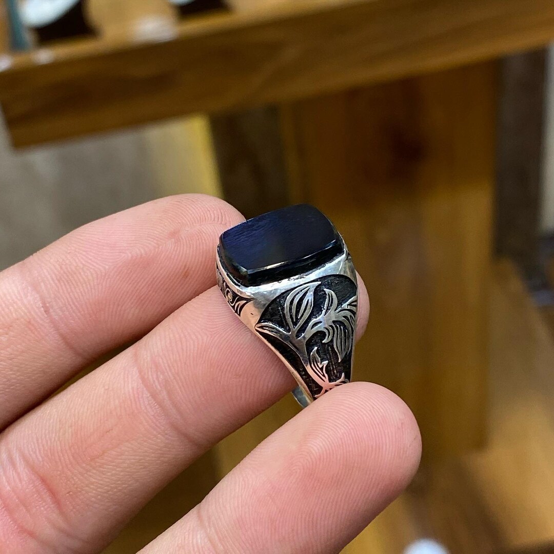 Natural Black Yemeni Aqeeq Akik Haqeeq Stone Sterling Silver 925 Ring ...