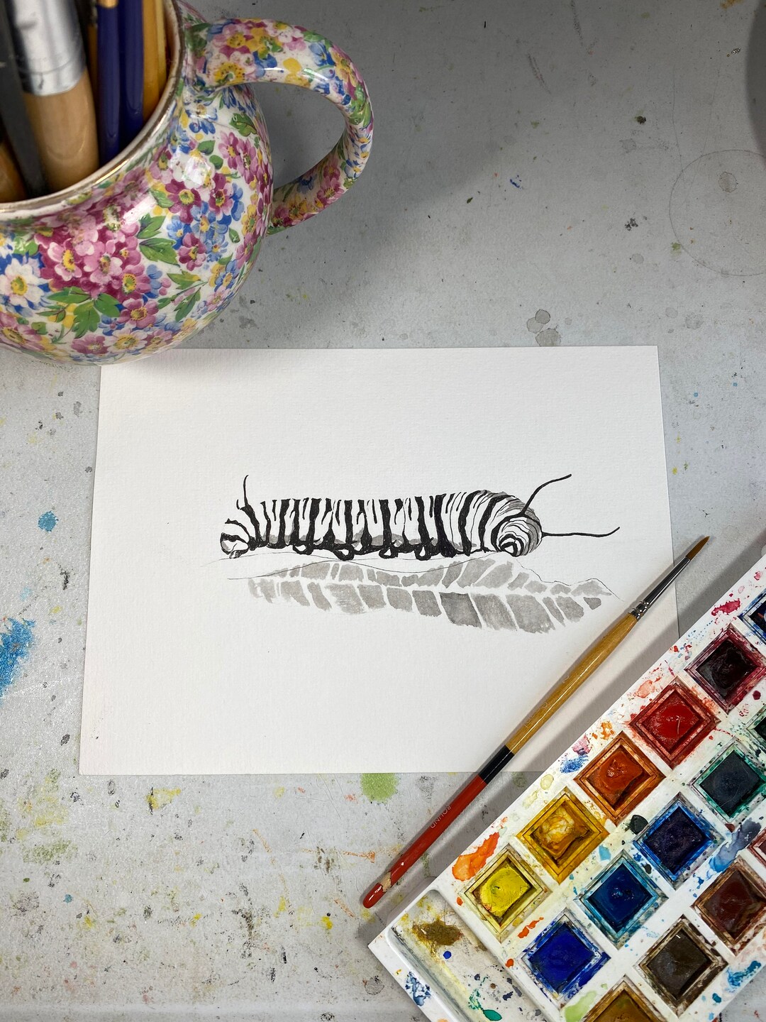 MONARCH CATERPILLAR EATING - Ink Pen Drawing Instant Download Digital ...