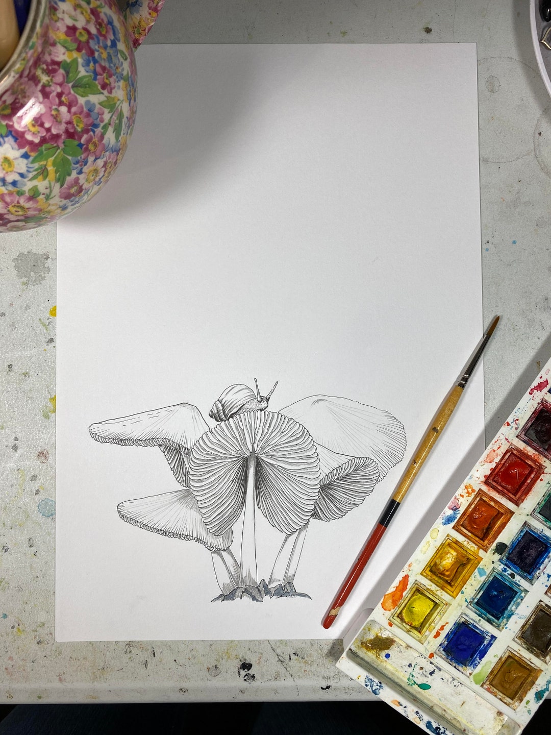 SNAIL ON TOADSTOOL - Ink and Pen Print Instant Download - Etsy