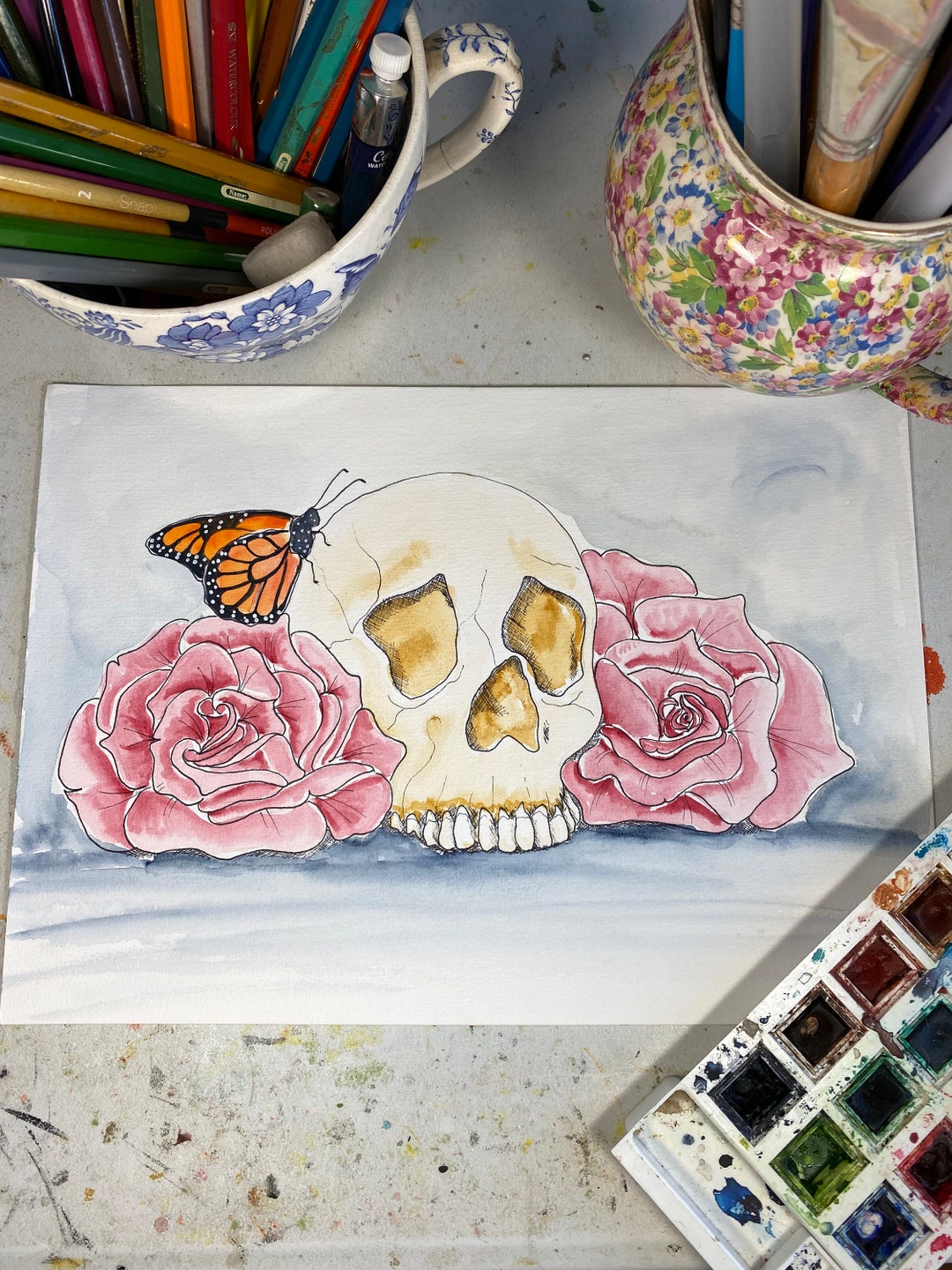 MONARCH SKULL ROSES - Monarch Butterfly Sitting on a Skull Watercolor ...