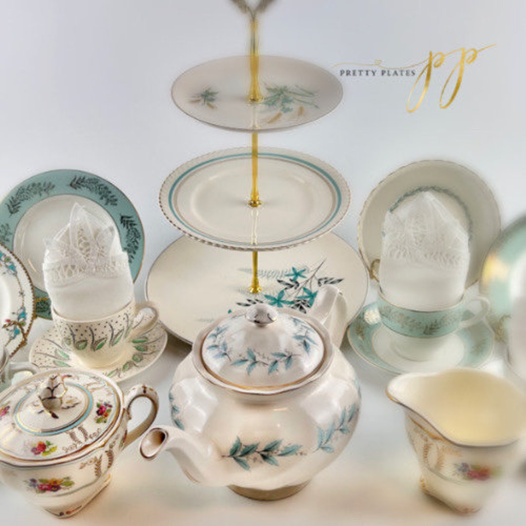Teal & Gold Vintage Tea Set, Mismatched Tea Service for 4, Afternoon ...