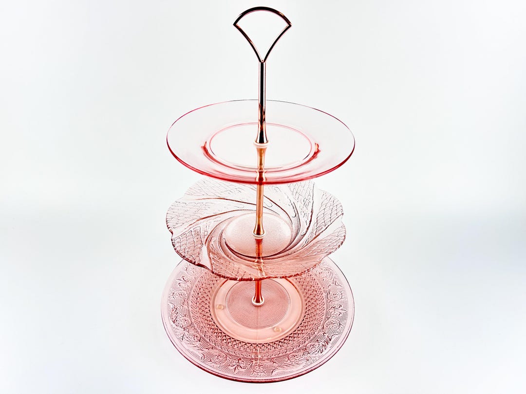 Pink Glass Cake Stand, Mismatched 3 Tier Cake Plate, High Tea Stand ...