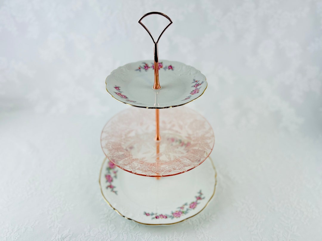 3 Tier Afternoon Tea, Cake Stand, Vintage Plate Stand, Pink Glass ...