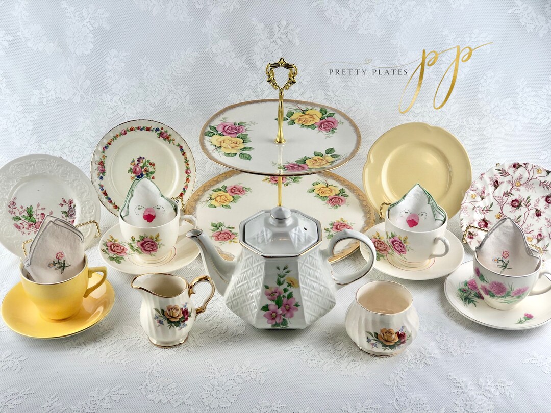 Mismatched Tea Set, Complete Tea Service for 4, Vintage Plates, Tea ...