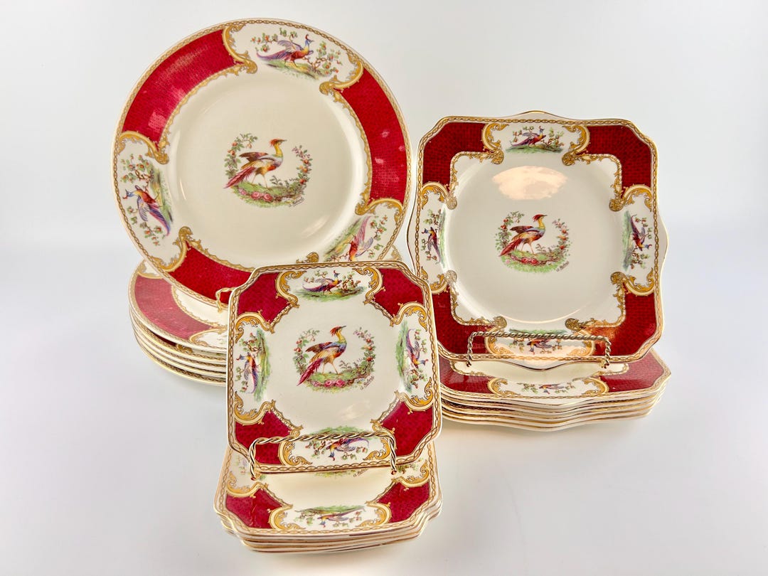 Myott Dinnerware Set, Chelsea Bird, Burgandy & Gold Trim, Service for 6 ...