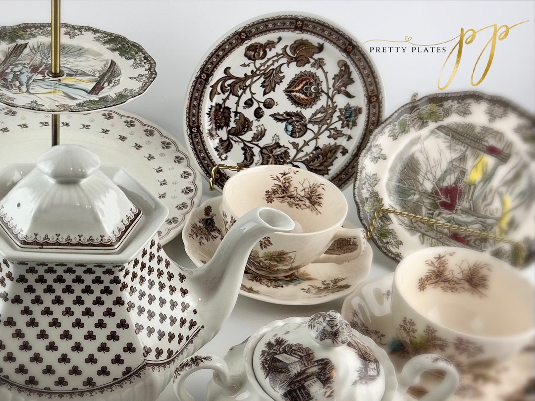 Mismatched Transferware Tea Service for 4, Brown Transferware, Complete ...