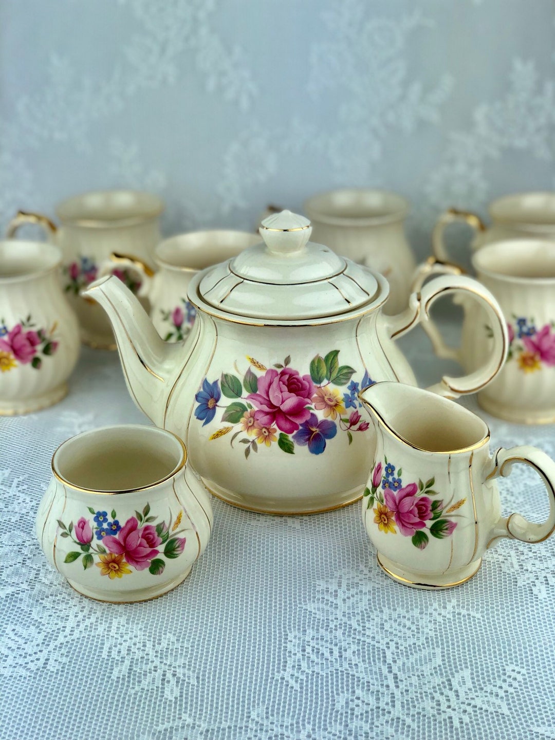 Sadler Teapot, Set of Sadler Mugs, Milk Jug/creamer, Sugar Bowl ...