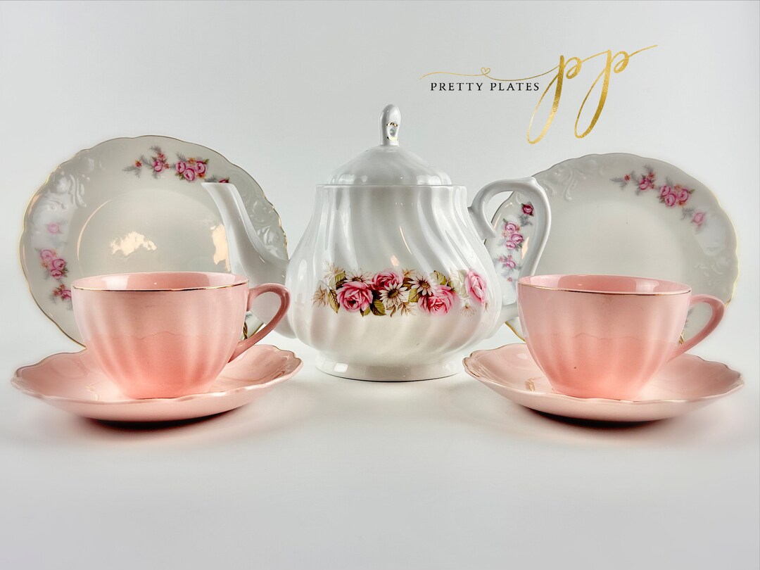 Vintage Pink & White Tea Set, Teapot, Teacups, Dessert Plates. - Etsy