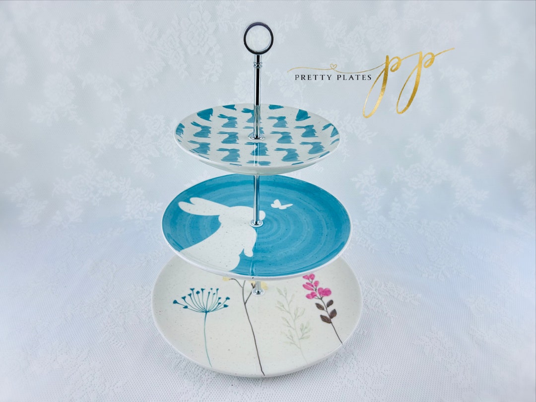 Bunny Cake Stand, 3 Tier Cake Plate, Cupcake Stand, Easter Decor, Green ...