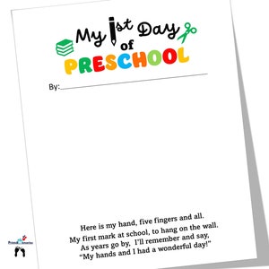 First Day of School Handprint Art: Preschool Keepsake Poem (digital ...