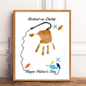 Hooked on Daddy, Fishing Handprint Art, Father's Day Craft, Baby ...