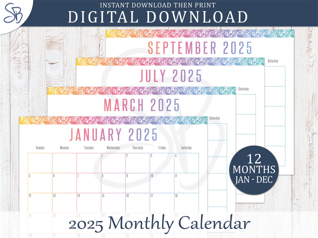 2025 Printable Monthly Overview Calendar - Soft Rainbow Floral Colors ...