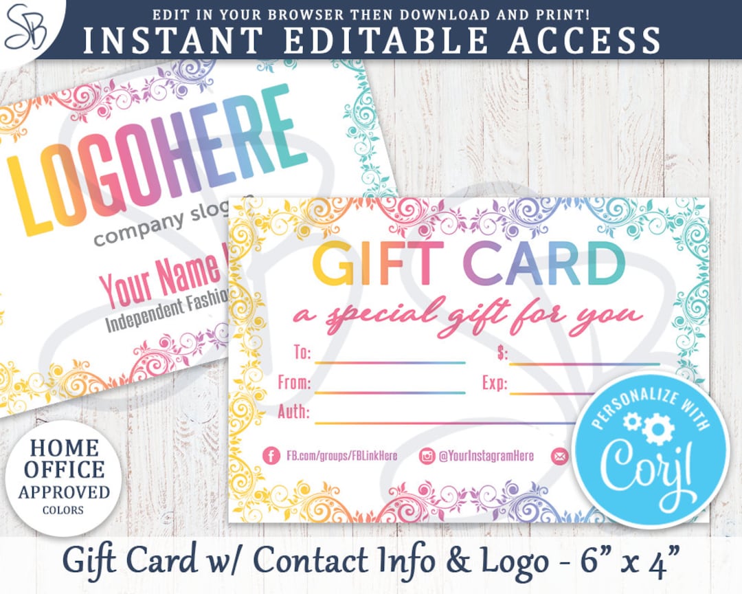 Instant Editable Gift Card With Contact Information Fashion Retailers ...