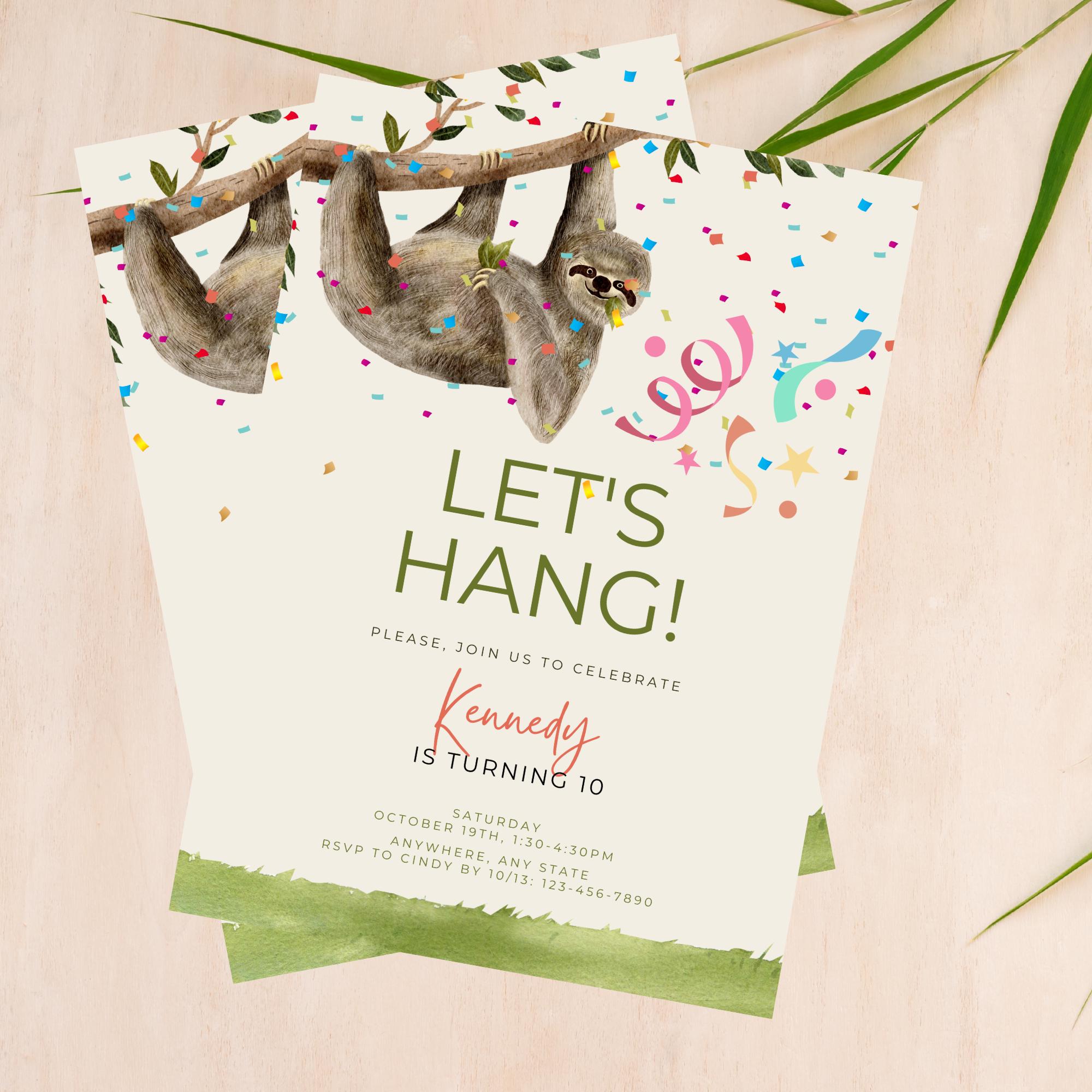 Let's Hang Sloth Birthday Party Invite - Etsy Canada