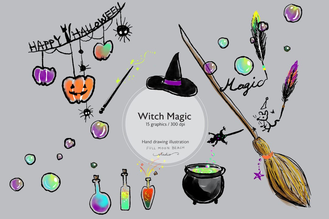 Halloween Clip Art Set--witch Magic--- Witch Hat, Magic Wand, Magic ...