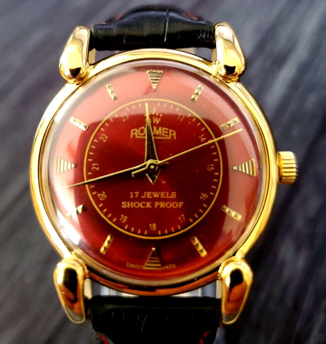 RARE Roamer Brevete Dauphine Swiss Mens Mechanical Watch RED Satin Dial ...