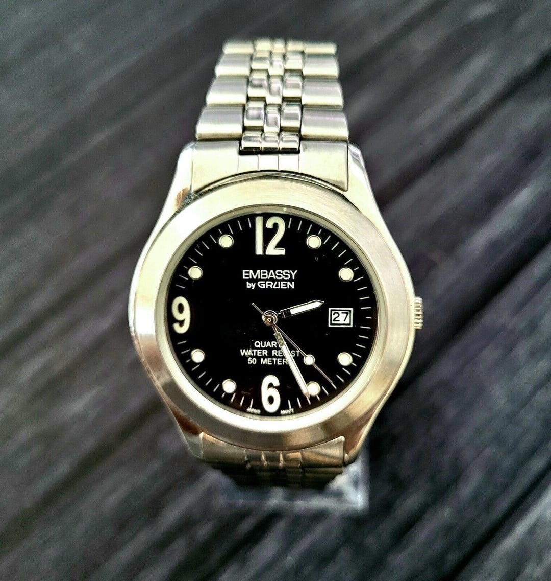 Vintage Embassy Gruen Watch Mens Stainless Black Enamel Dial - Etsy