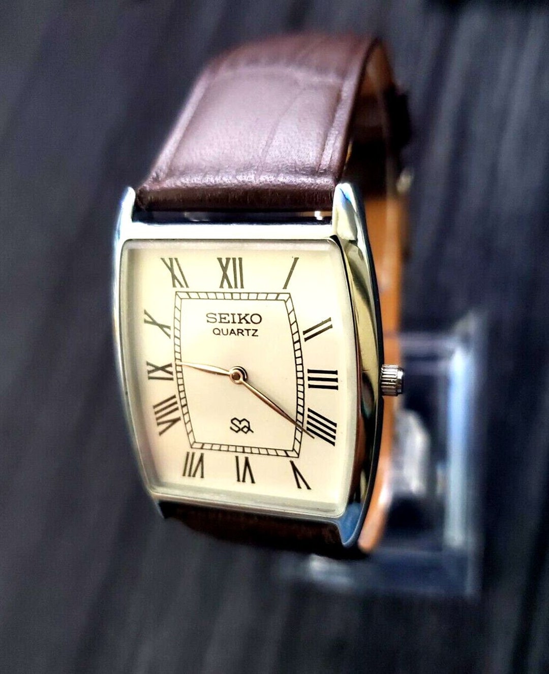 RARE NOS Seiko Men Barrel Tank White Roman Dial Brown Leather Band ...