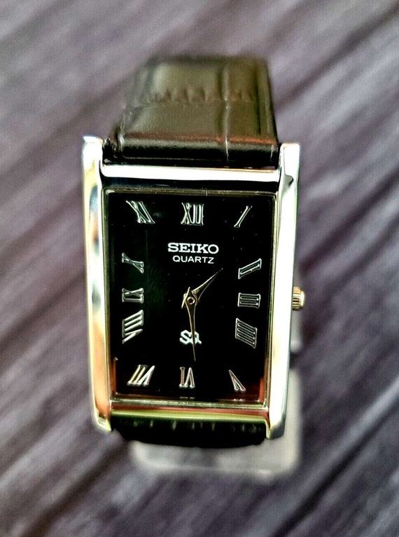 Vintage NOS Seiko Men Tank Rectangular Black Leather … - Gem
