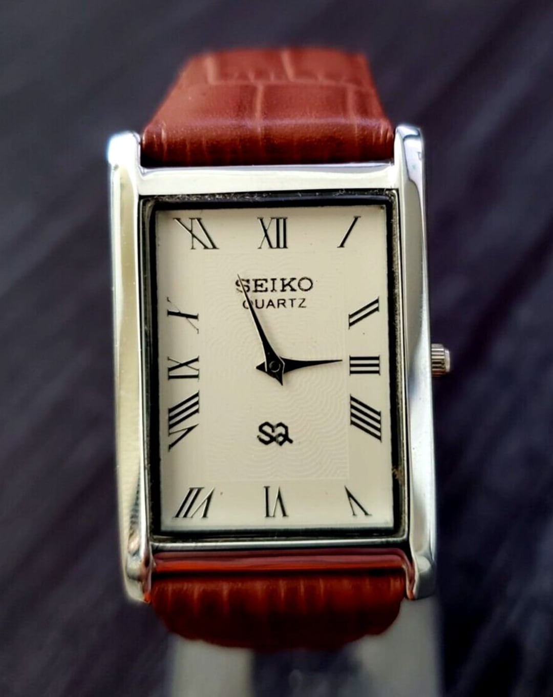RARE Seiko Men Tank Rectangular Refurb Gorgeous White Dial Brown Band ...