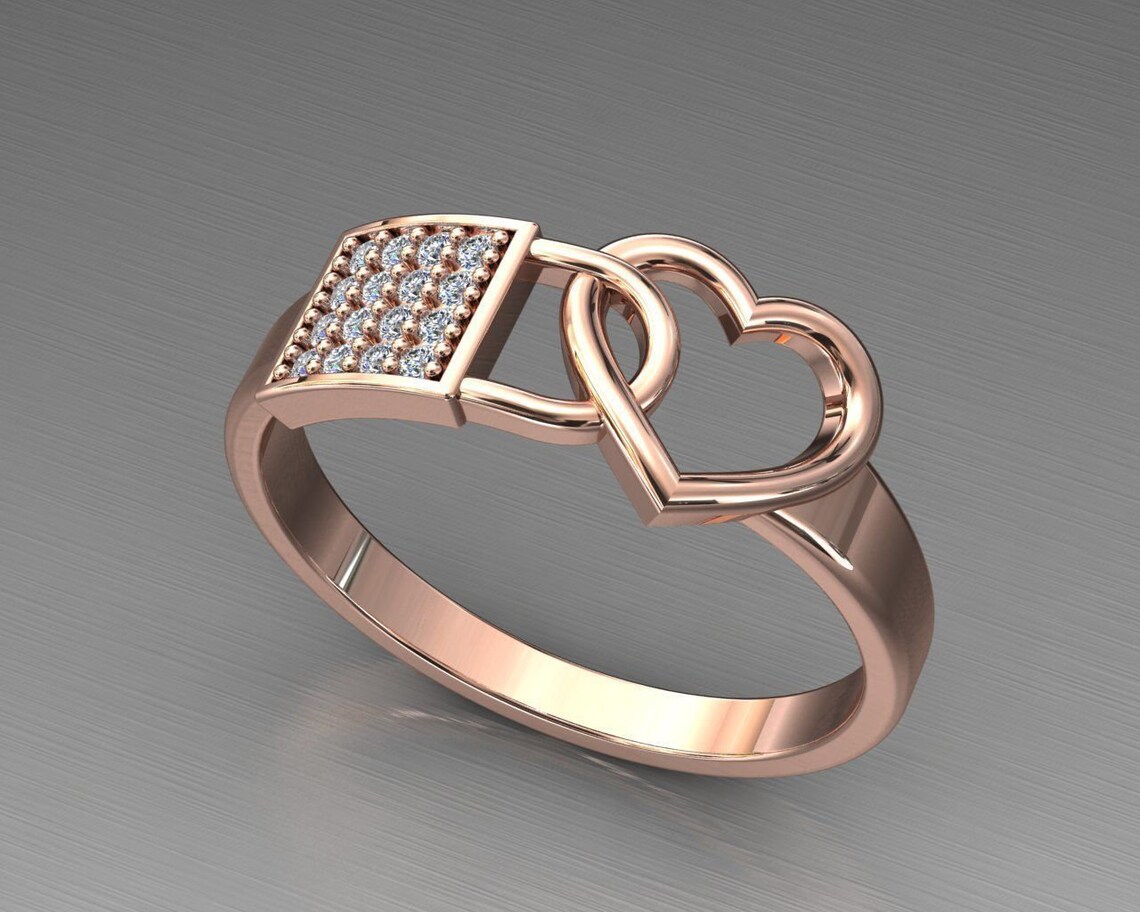 14k Solid Gold Diamond Heart Lock Ring - Etsy