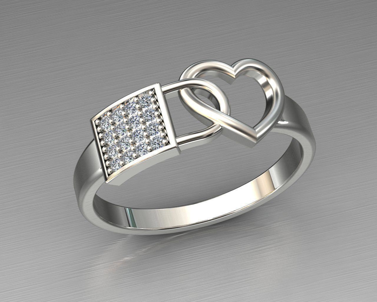 14k Solid Gold Diamond Heart Lock Ring - Etsy