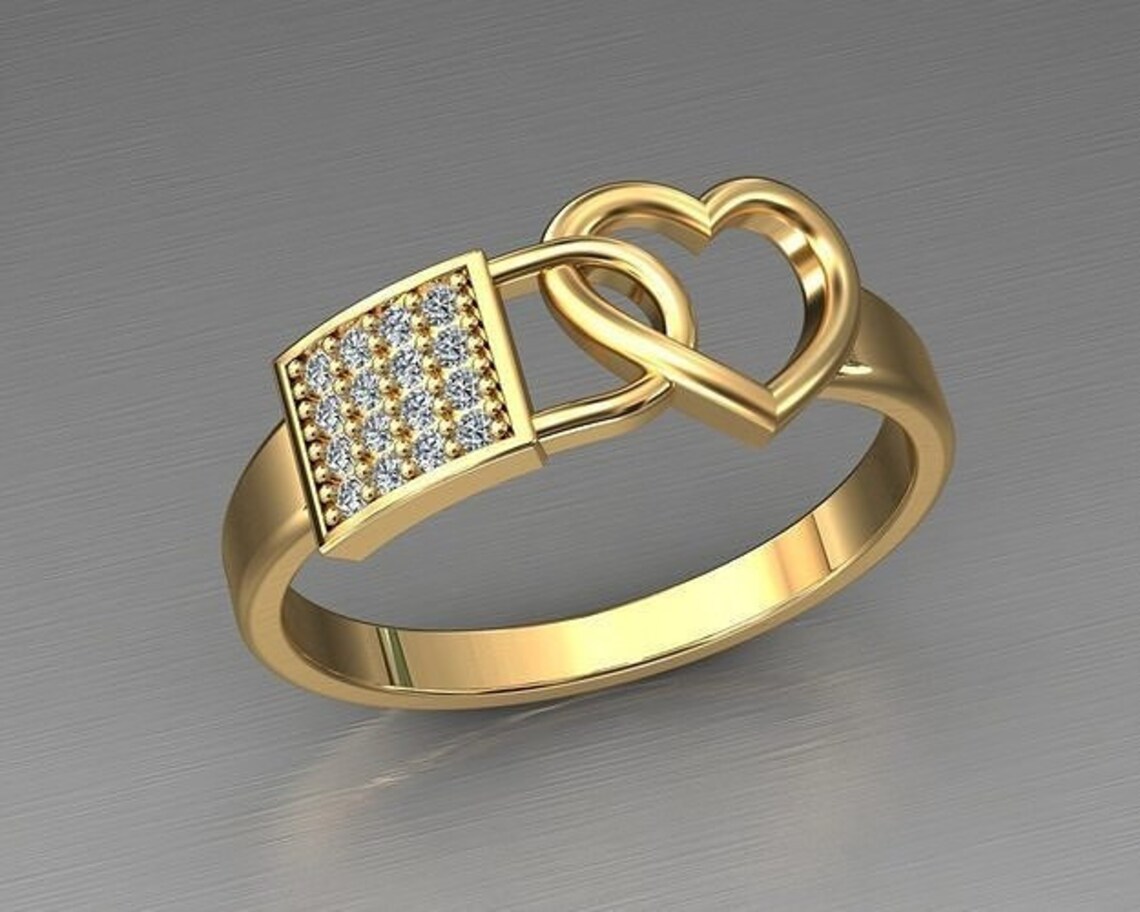 14k Solid Gold Diamond Heart Lock Ring - Etsy