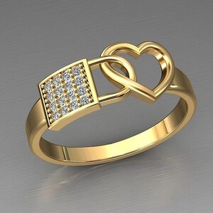14k Solid Gold Diamond Heart Lock Ring - Etsy