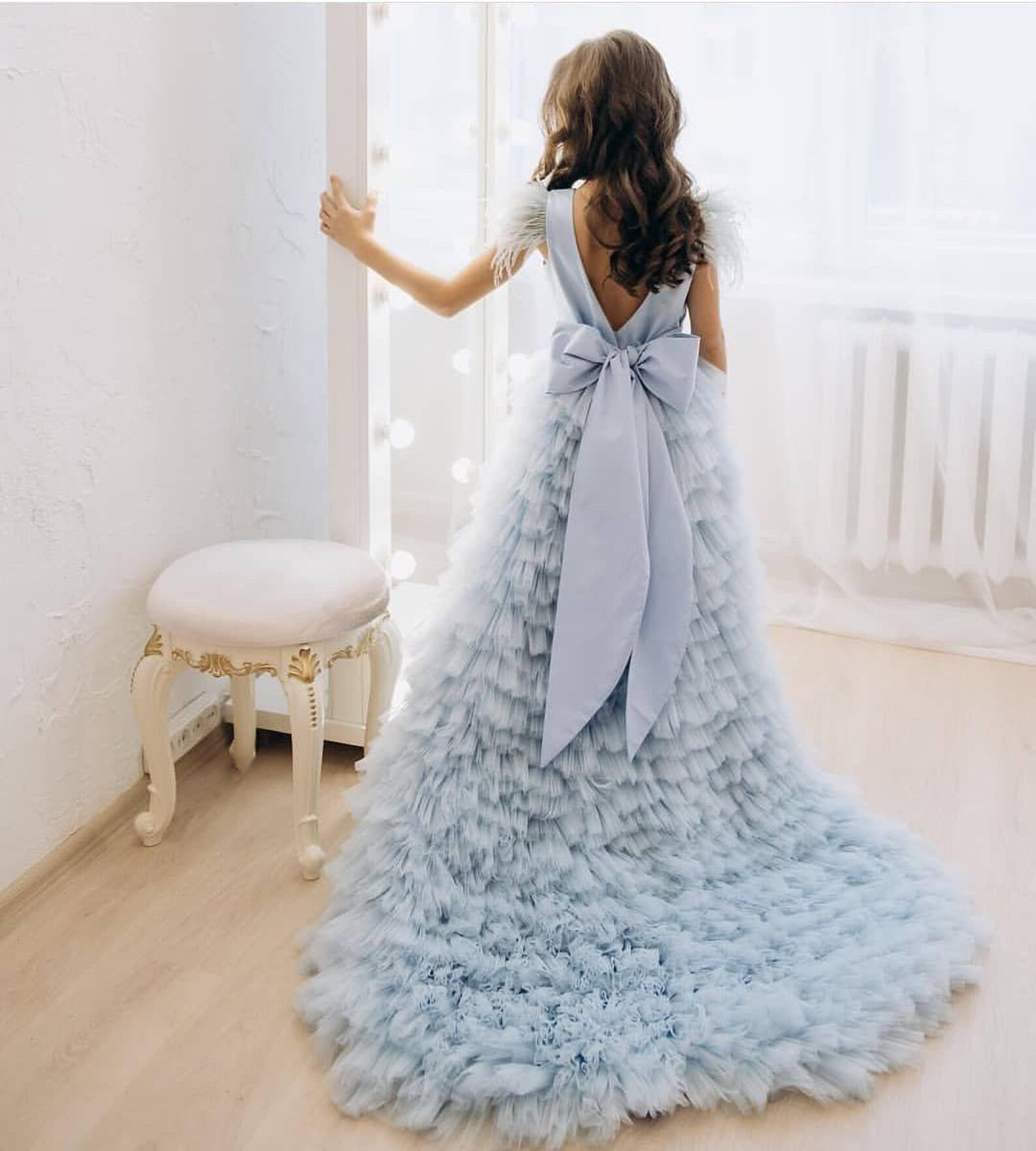 Light Blue Girl Dress With Train Birthday Party Tulle Dress - Etsy