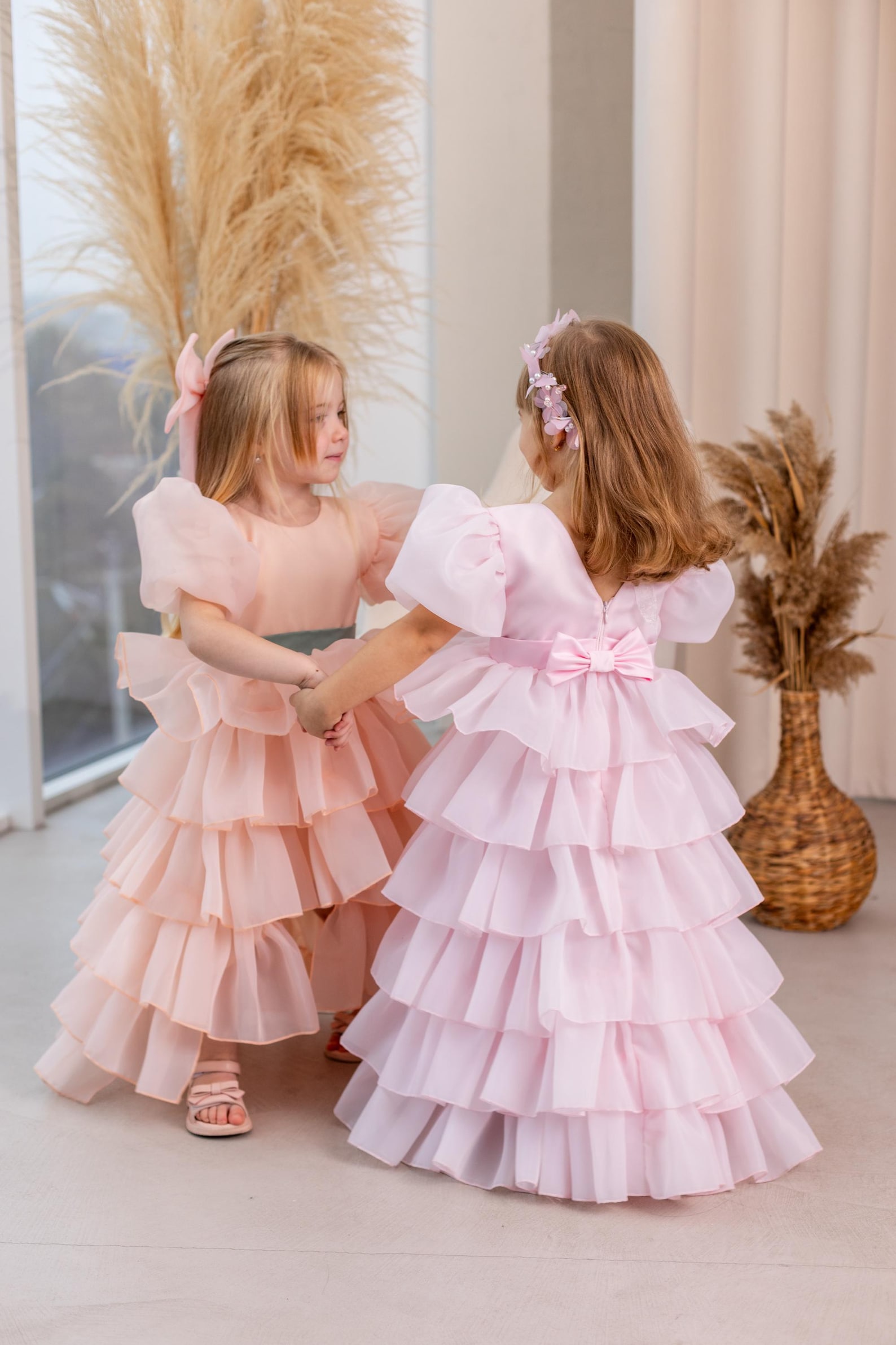 Peach Light Pink Flower Girl Dress, Pageant Ruffled Multilayered Hi Lo ...