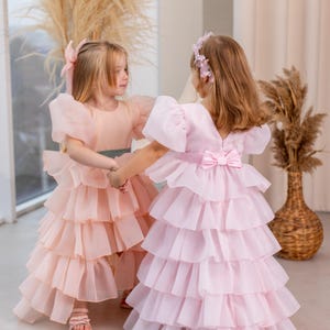 Peach Light Pink Flower Girl Dress, Pageant Ruffled Multilayered Hi Lo ...