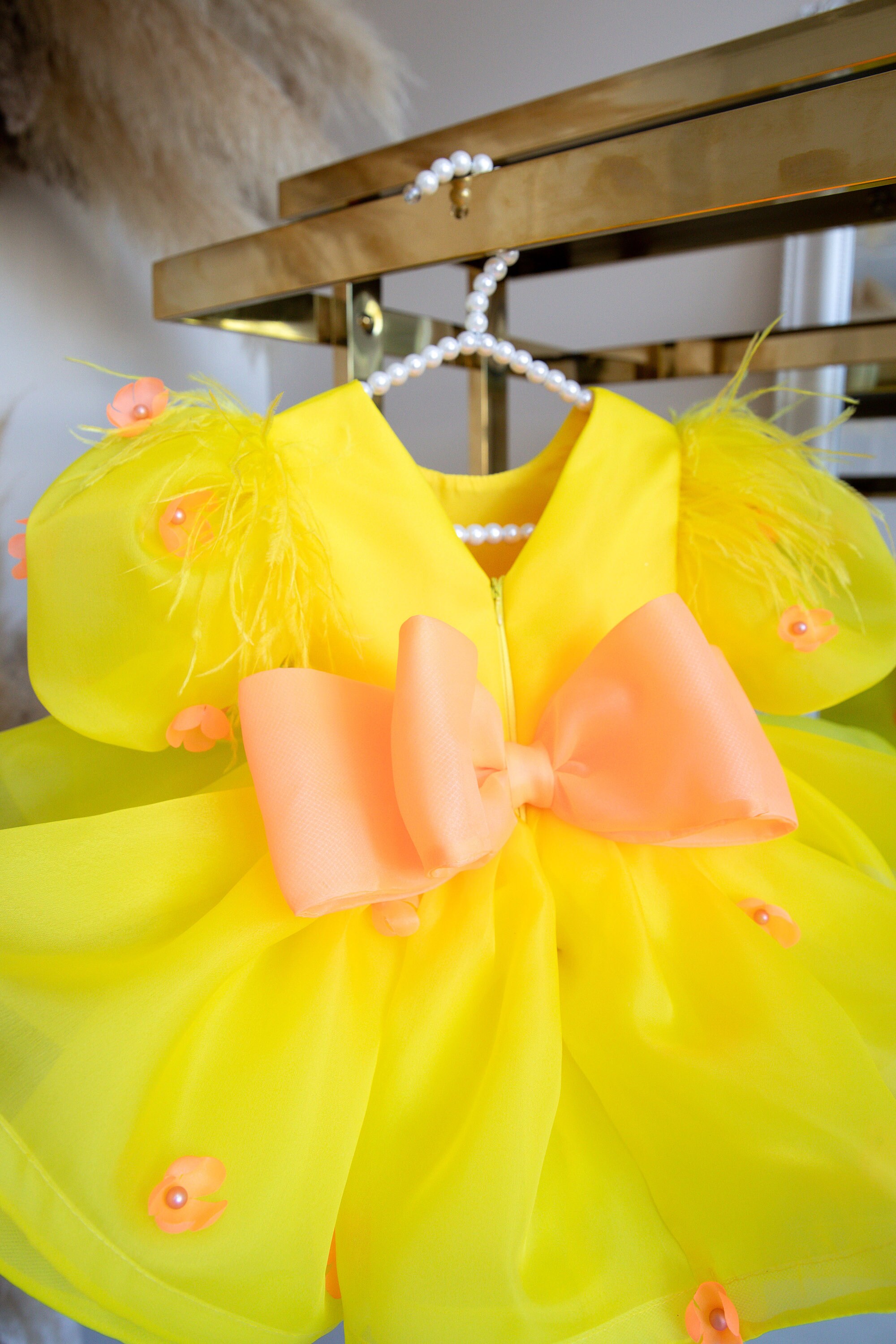 Yellow Puffy Baby Dress, First Birthday Dress, Feathers, Flower Girl ...