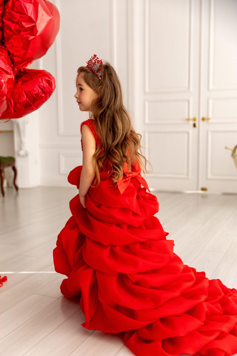 Red Flower Girl Dress Gown With Train Birthday Girl Dress Red Pageant ...