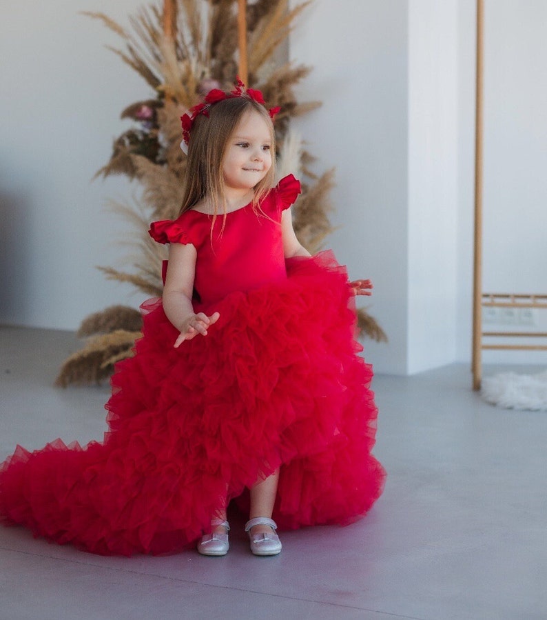 Red Prom Ball Flower Girl Gown, Birthday Party Puffy Ruffled Dress With ...