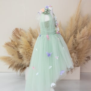 Sage Green Tulle Baby Dress, Birthday Party Dress With Butterflies ...