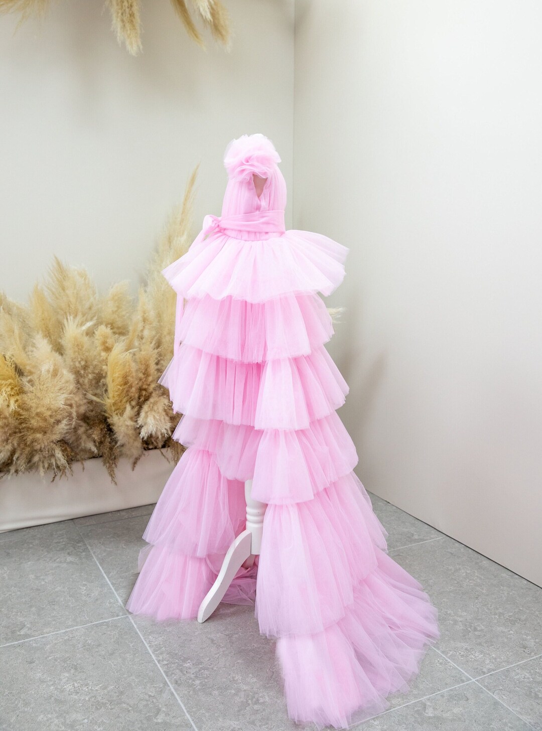 Pink Princess Birthday Dress With Train Multilayered Puffy Flower Girl Gown Prom Ball Girl