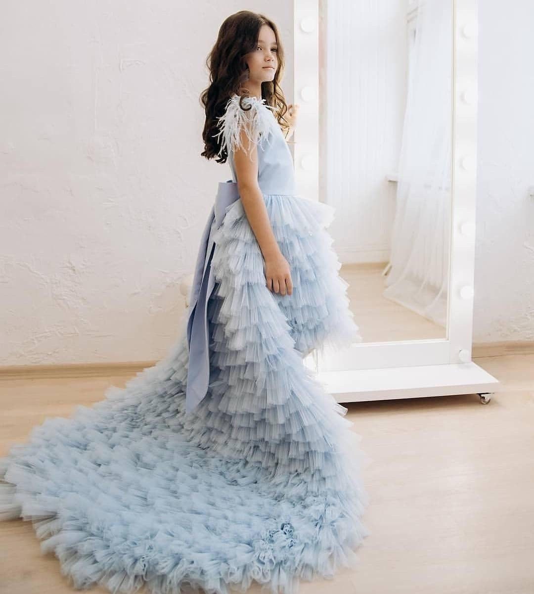 Light Blue Girl Dress With Train Birthday Party Tulle Dress - Etsy