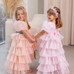 Peach Light Pink Flower Girl Dress, Pageant Ruffled Multilayered Hi Lo ...